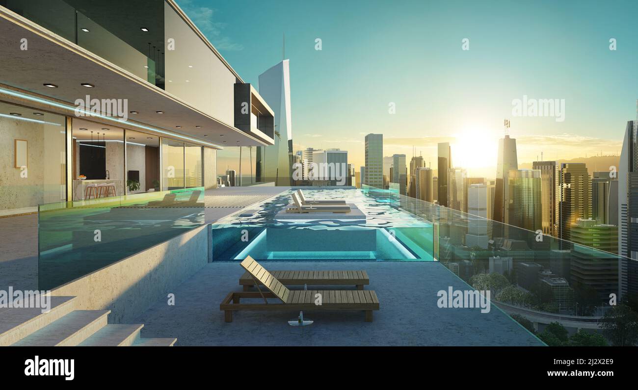 Luxury villa exterior design with modern cityscape at the infinity pool ...