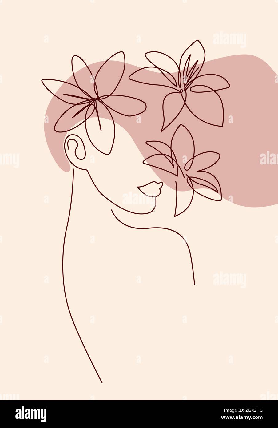 Line art poster with woman. Female face with hair, flower, shoulder one ...