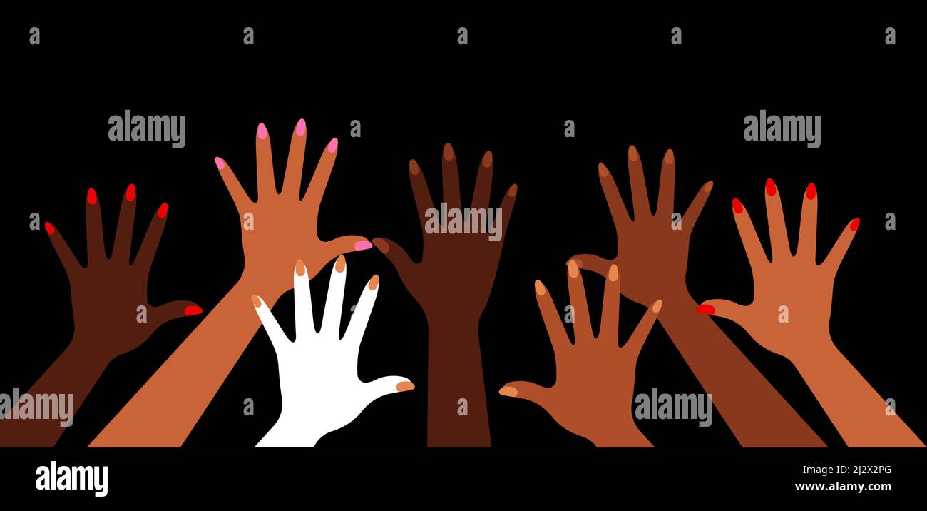 Hands up in the air. Diversity hands different skin color, people of ...