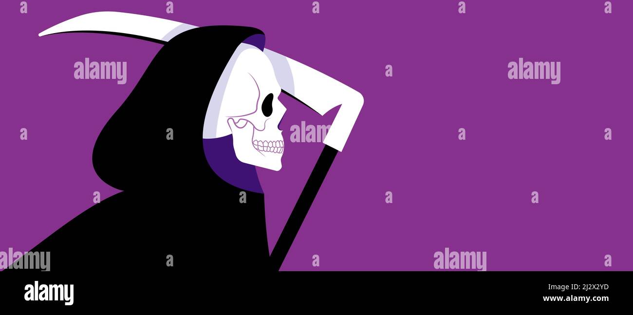 Grim Reaper in black cloak. Vector illustration with copy space. Banner ...