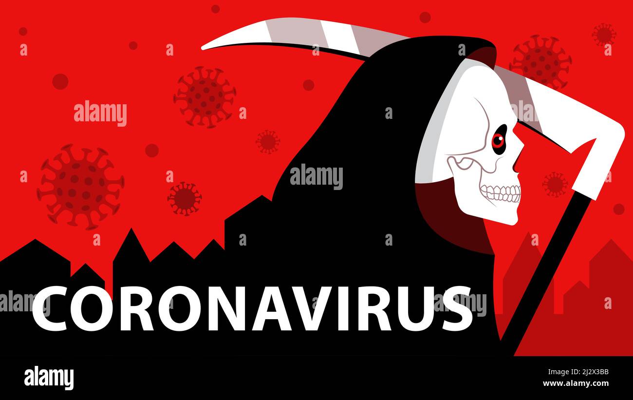 Grim Reaper in black cloak and floating coronavirus in the air. Concept ...