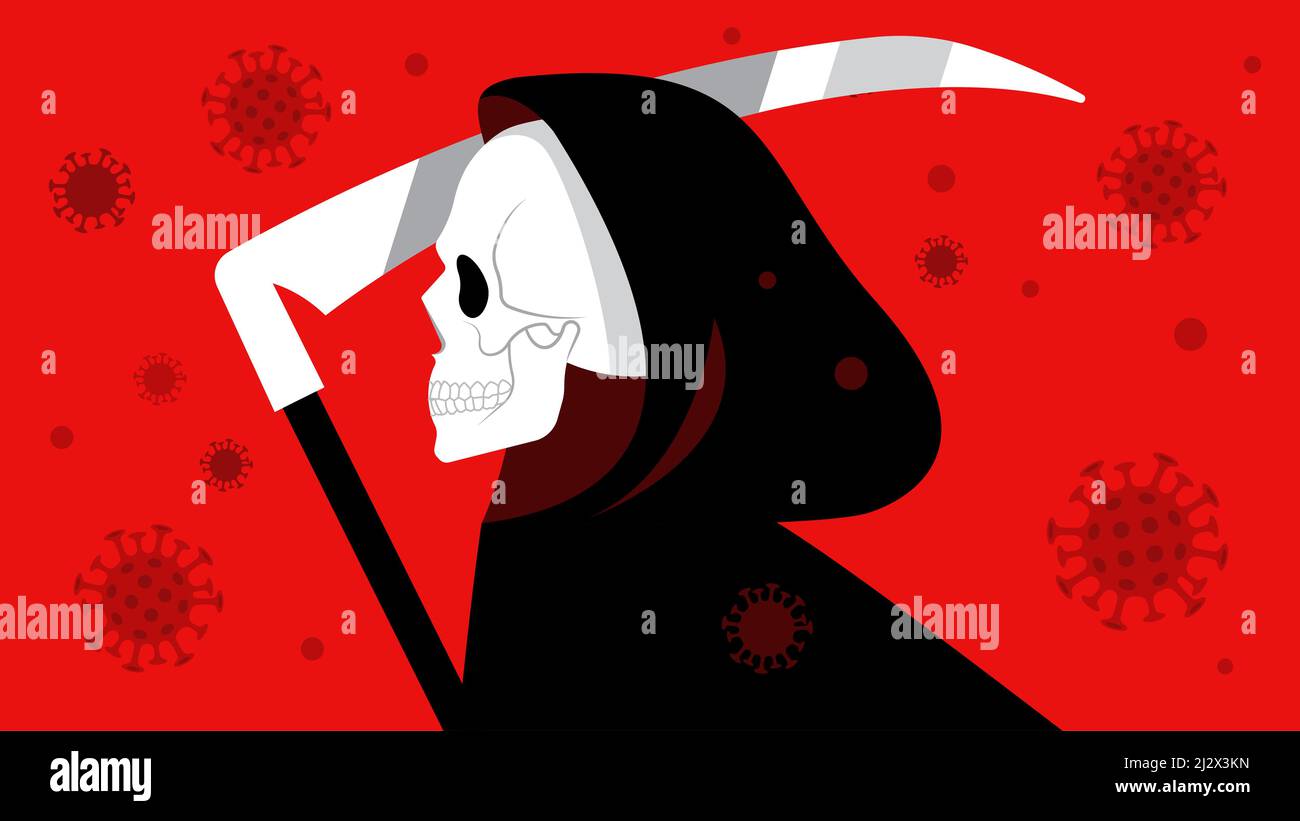 Grim Reaper in black cloak and floating coronavirus in the air. Concept ...