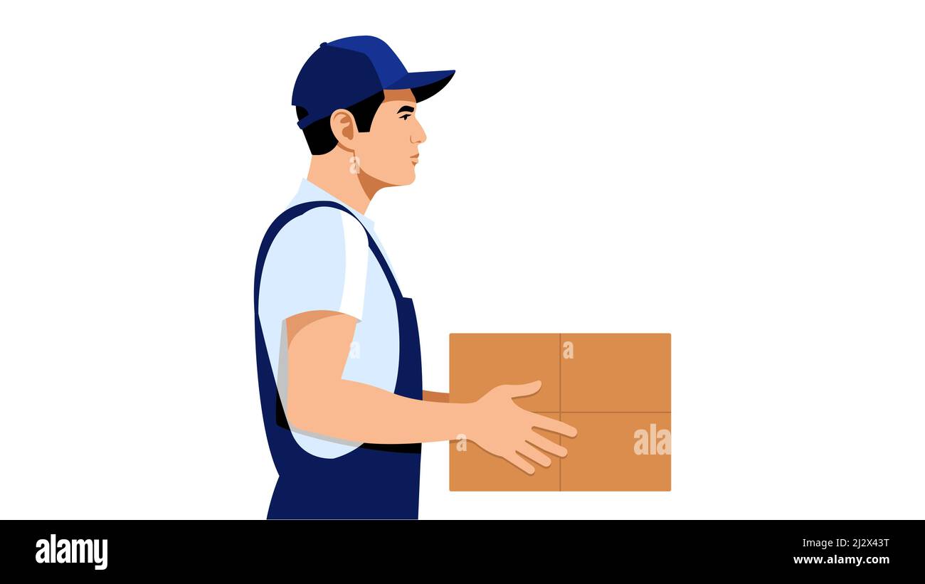 The courier in uniform is holding a parcel. Side view. A young delivery ...