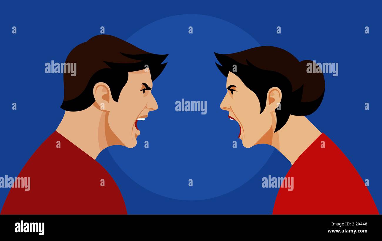 Screaming people. Furious woman screams at angry man. Aggressive ...