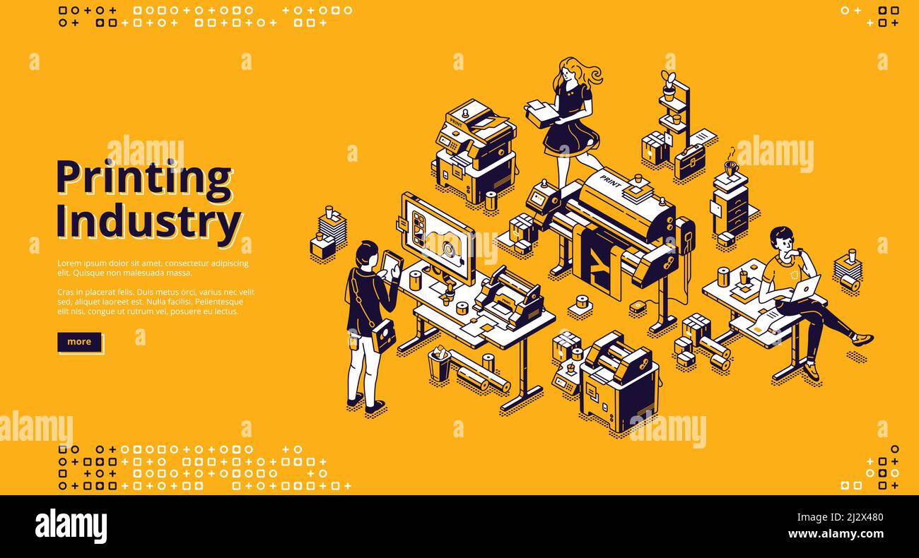 Printing industry banner. Typography business, polygraphy service. Vector landing page of print ...