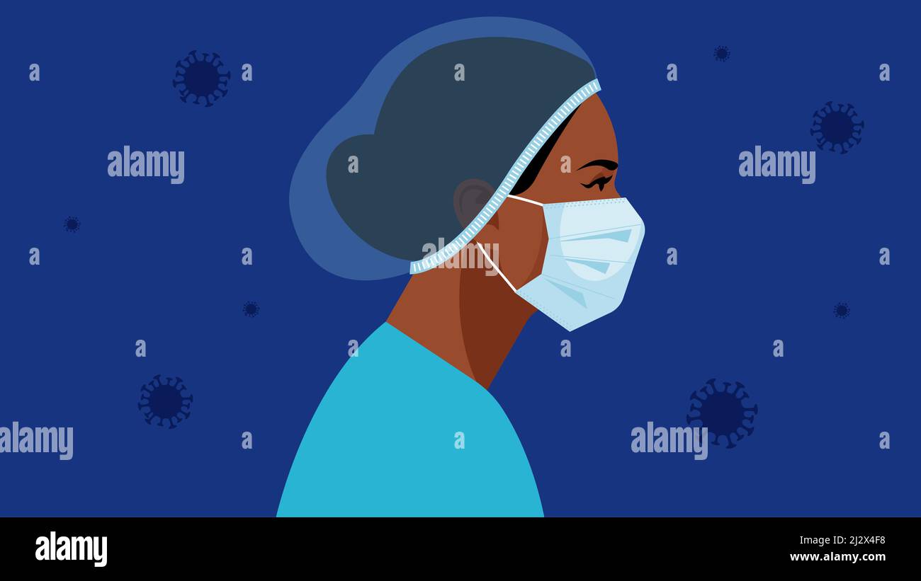 Nurse face in white medical mask, uniform. Virus floating in the air ...