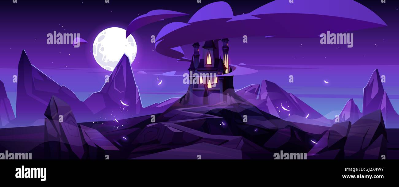 Magic castle at night on mountain, fairytale palace with turrets and ...