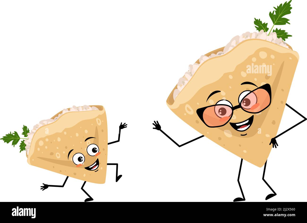 Pancake character with glasses and grandson dancing character with ...