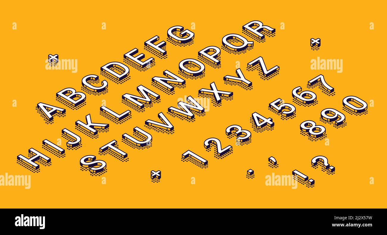 Isometric alphabet, numbers and punctuation marks lying in row on ...