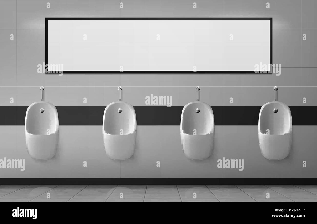 Urinals in male toilet hanging in row on ceramic wall with empty banner ...