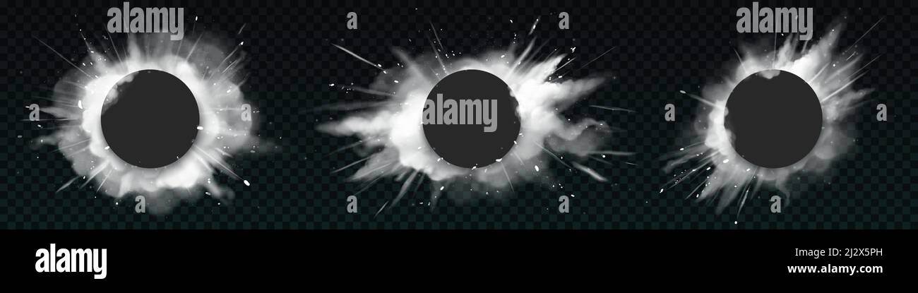 White powder explosions with black round banners. Vector realistic set ...