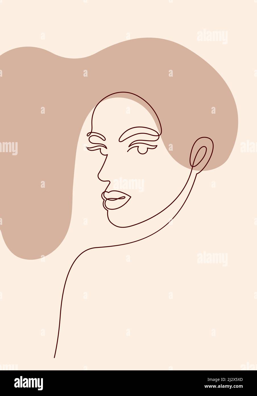 Line art poster with woman. Female face with hair, shoulder one line ...
