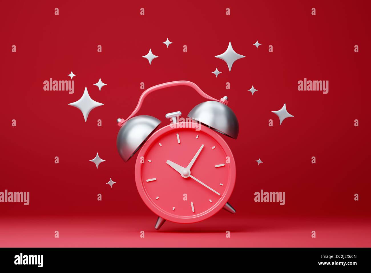 Red retro ringing alarm clock with white stars on red background ...