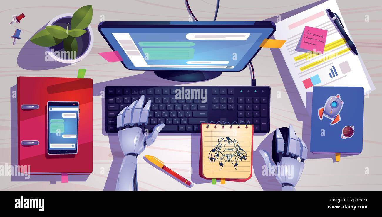 Workspace with robot working on computer keyboard top view. Concept of chat bot with ai. Vector ...