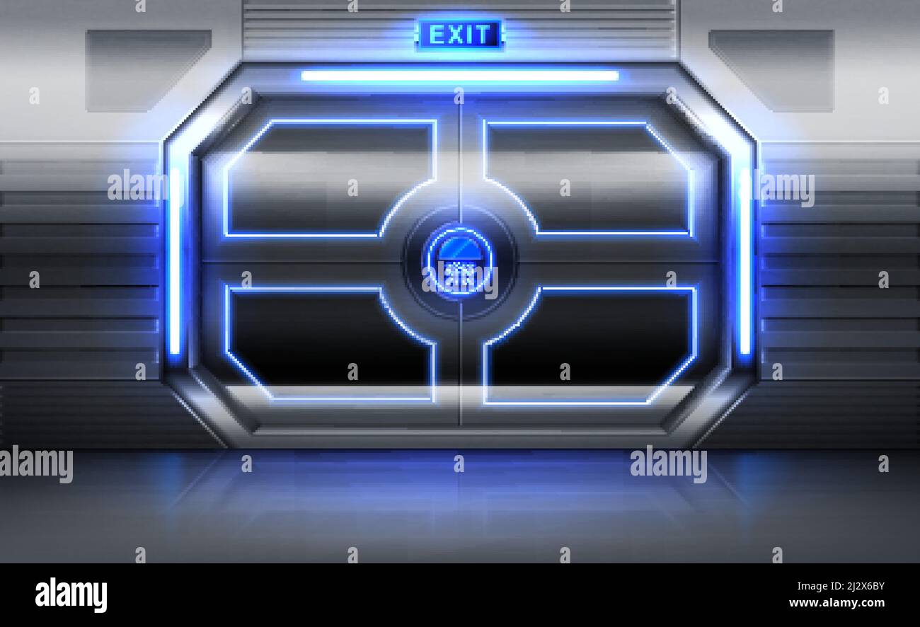 Metal door with exit sign, neon glowing and panel with buttons for ...