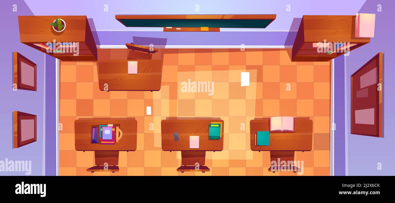 Top view of school classroom with teacher and students tables ...