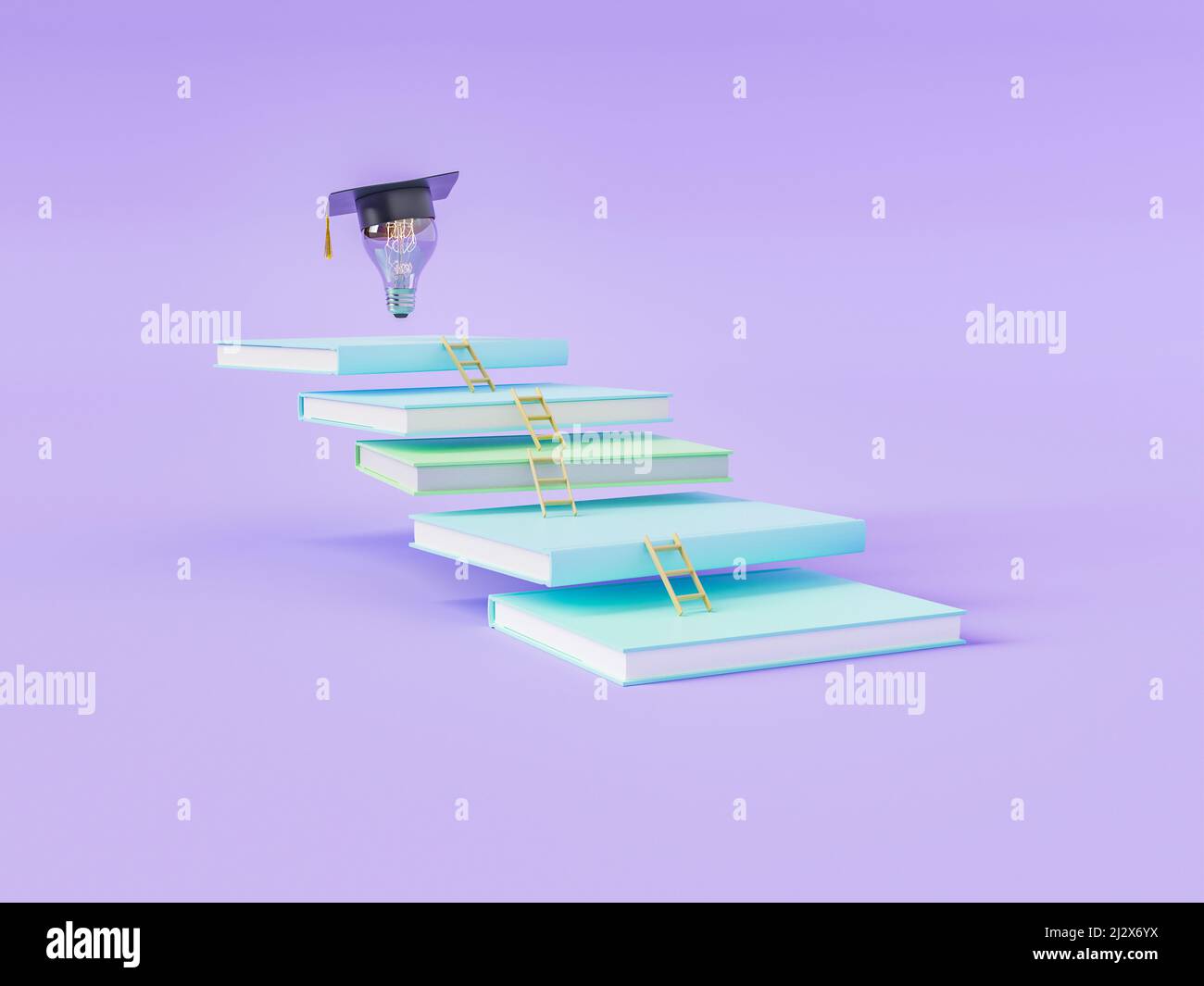 3d illustration of stack of books with little ladders and light bulb in ...