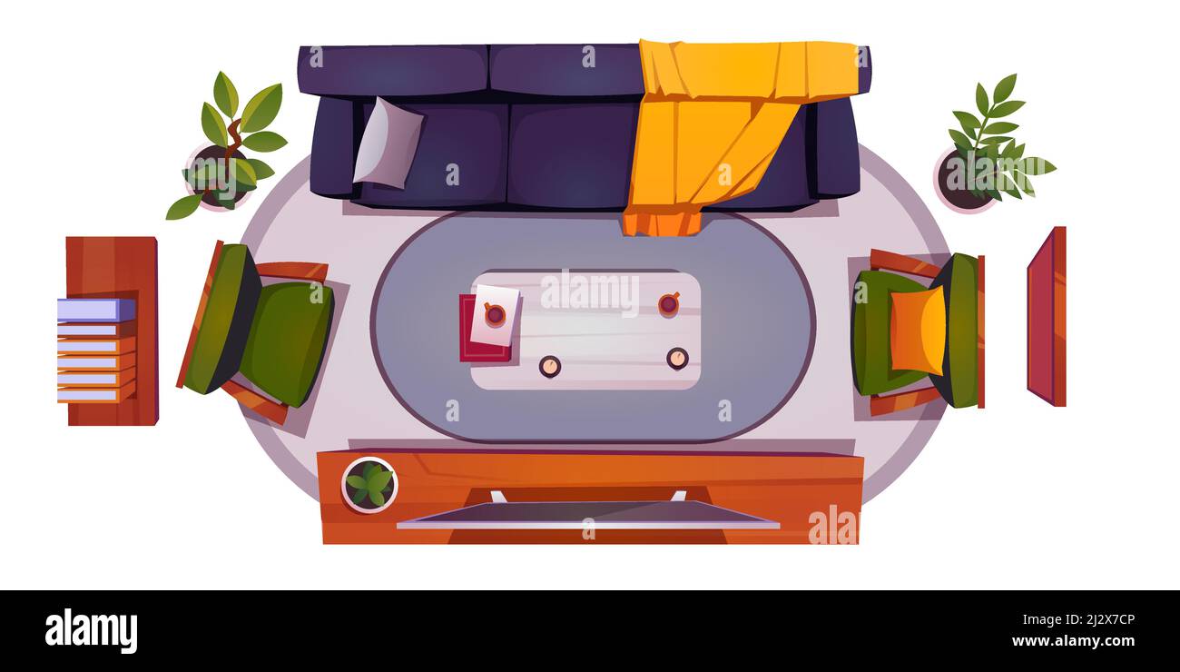 Top view of living room interior with sofa, chair and tv screen. Vector ...