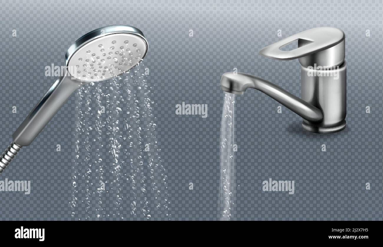 Metal shower head and tap with falling water isolated on transparent ...