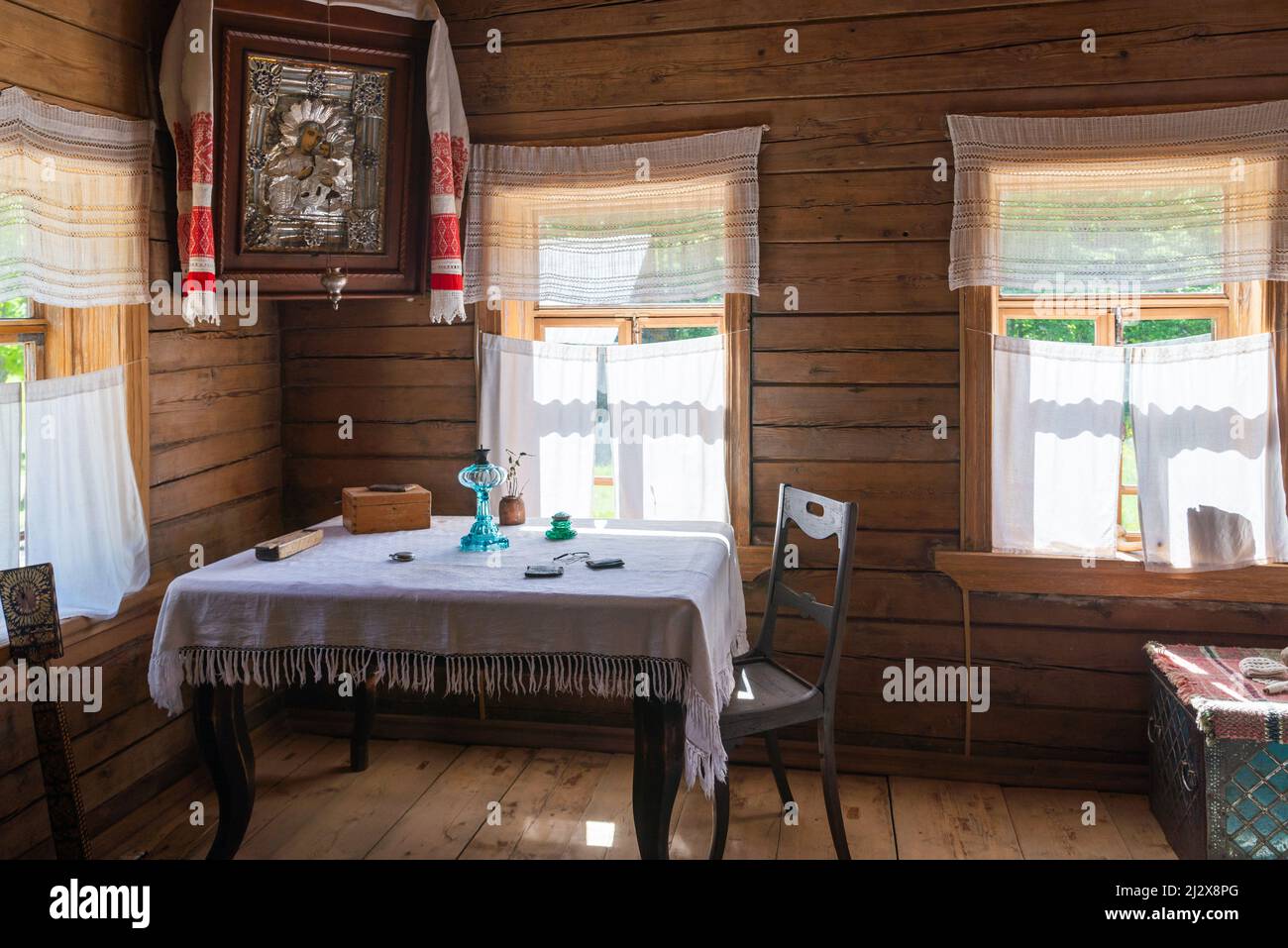 Russia, Veliky Novgorod, 2021 June 04: The interior of wooden village ...