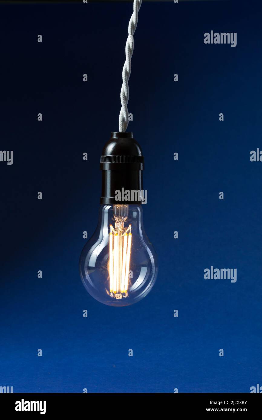 A vertical closeup of a new generation led light bulb on a blue ...