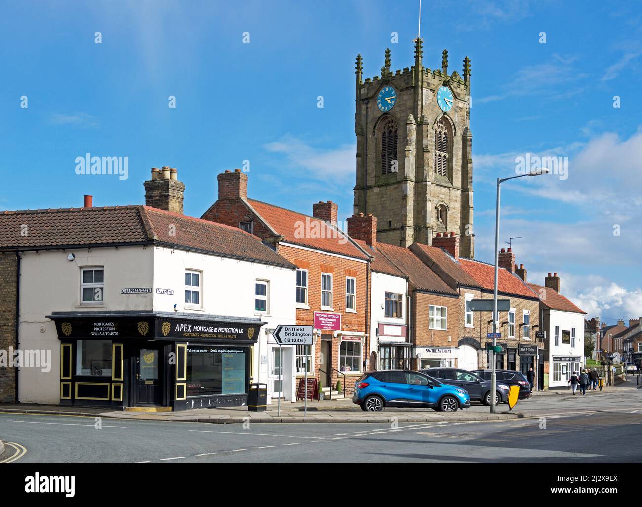 Shops - and the tower of All Saints Church, Pocklington, East Yorkshire ...