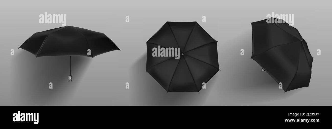 Black automatic umbrella front, side and top view. Vector realistic ...