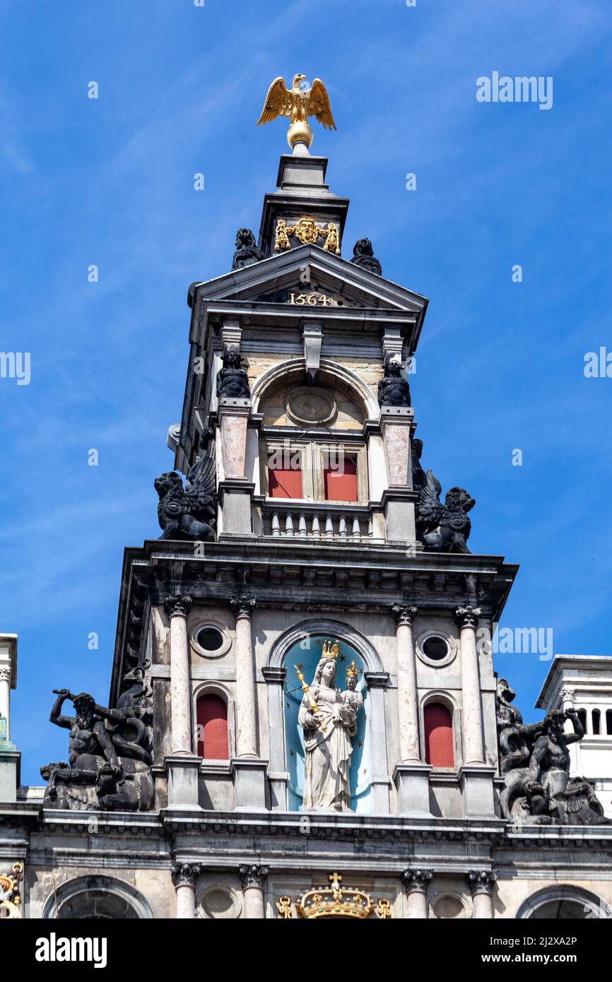 The exterior of the ancient historical building of Antwerp city hall ...