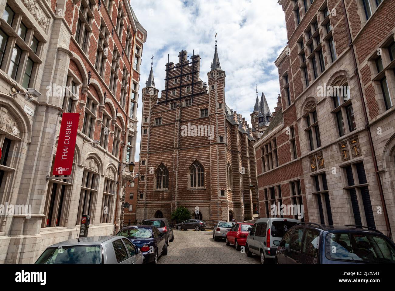 A scenic view of the facade of the historical buildings in Antwerp ...