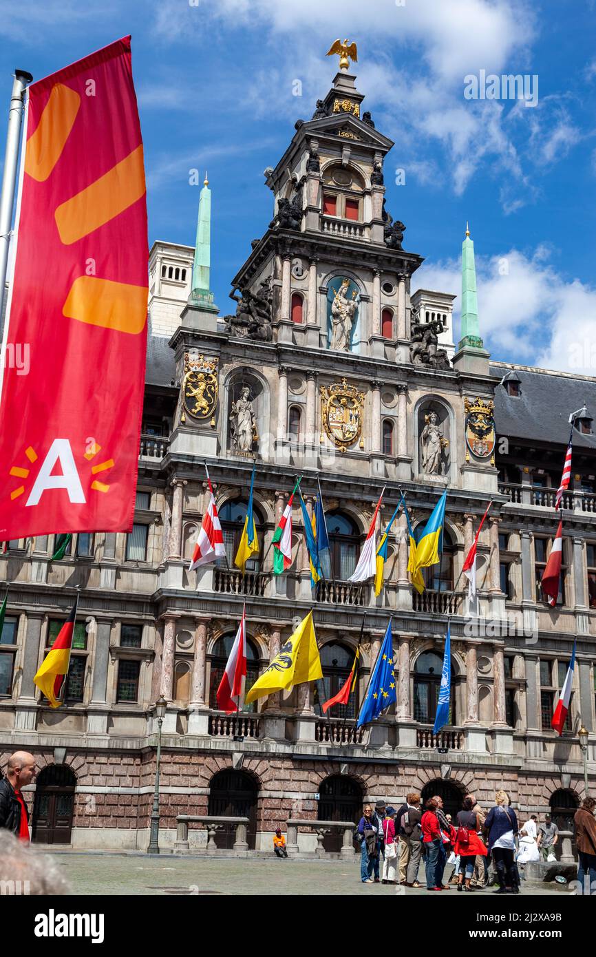 The sculptures and flags on the exterior of the ancient historical ...