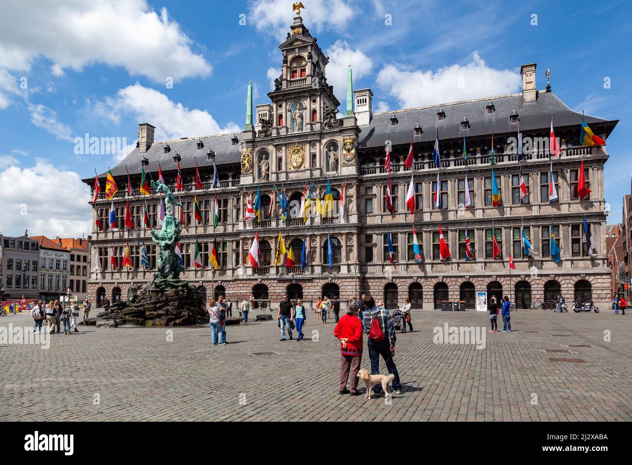 The sculptures and flags on the exterior of the ancient historical ...