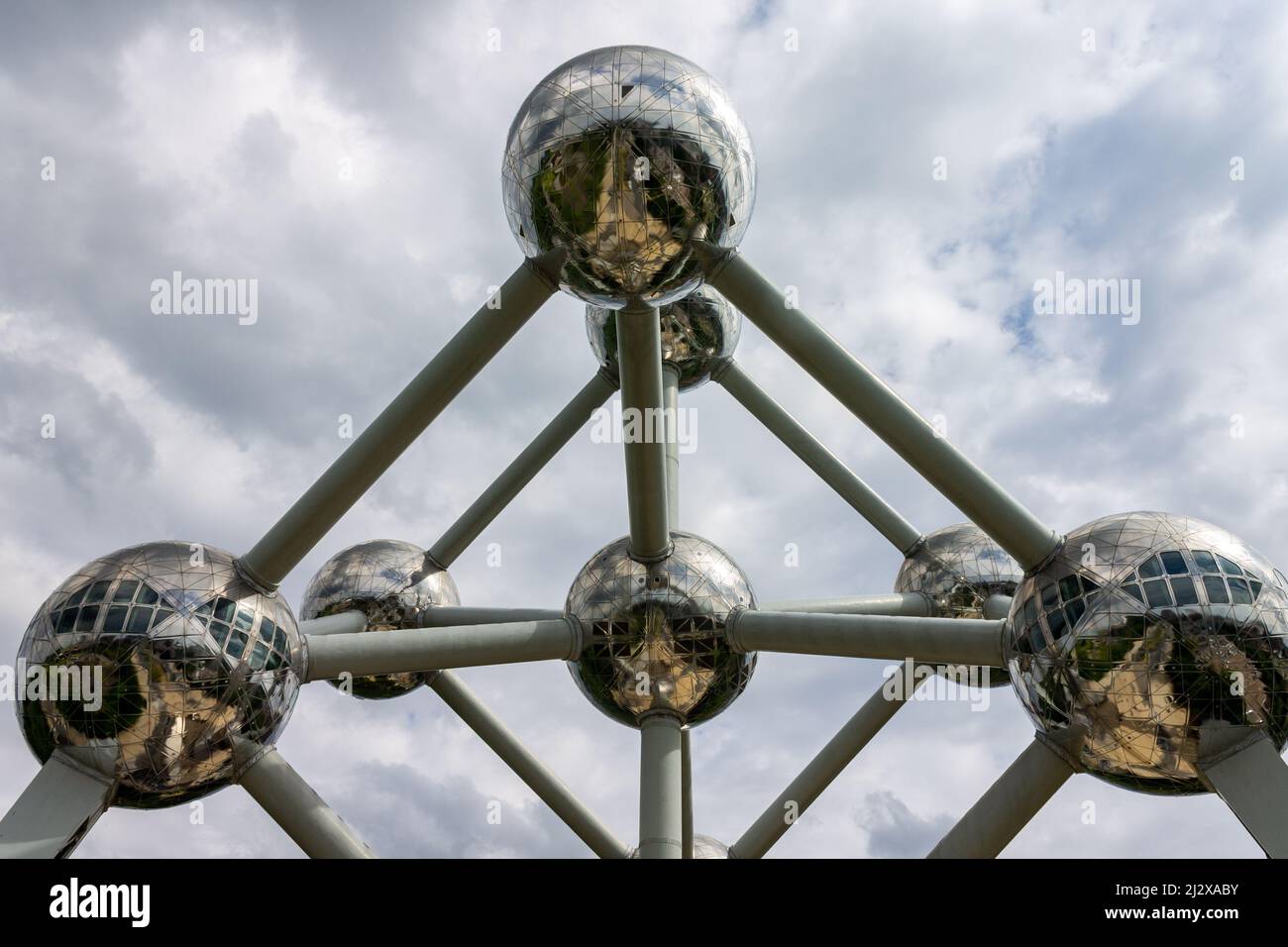 A low angle shot of an Atomium modern structure in the shape of an atom ...