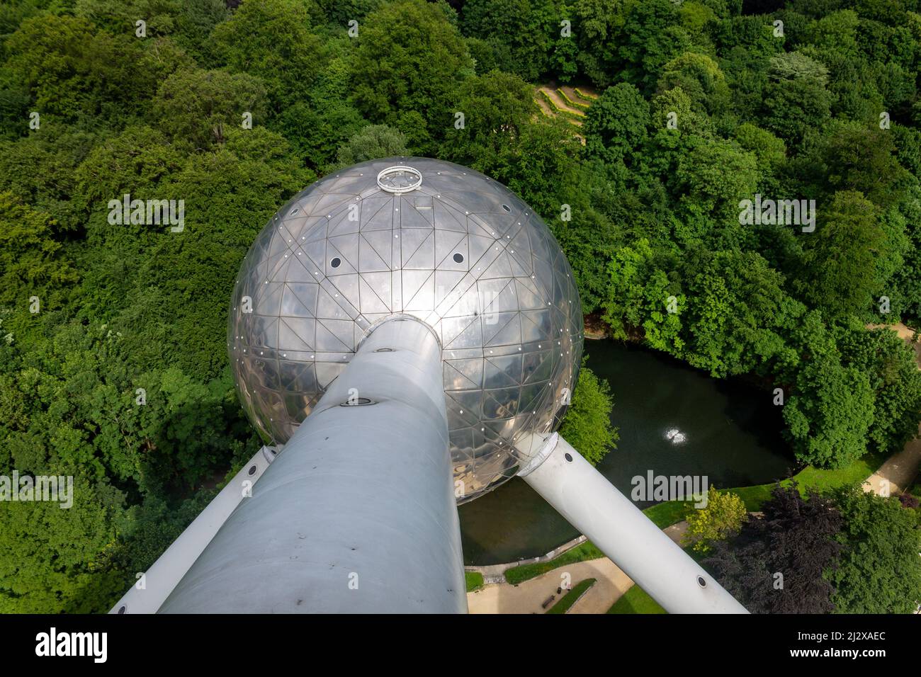 A top view shot of an Atomium modern structure in the shape of an atom ...