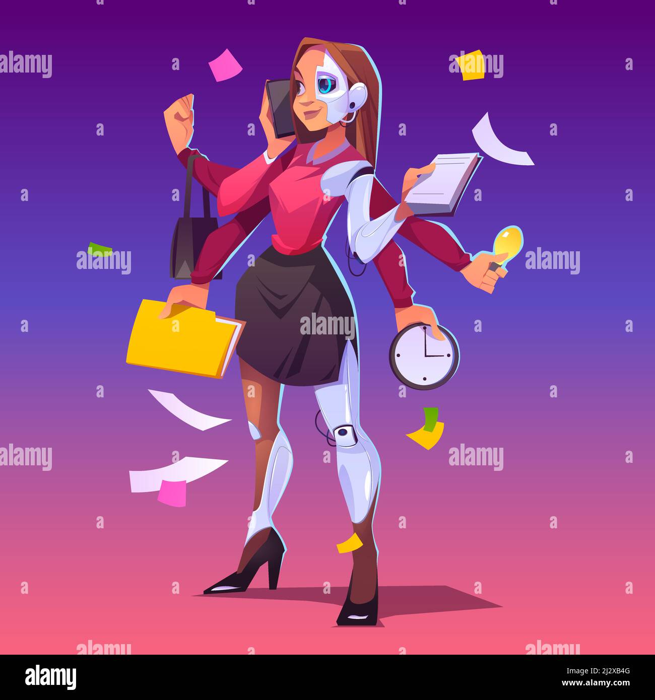 Business woman cyborg with many hands. Multitasking robot, professional ...