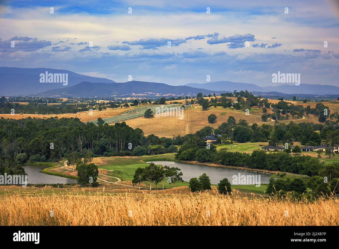 An aerial view of a beautiful landscape with trees and hills in ...