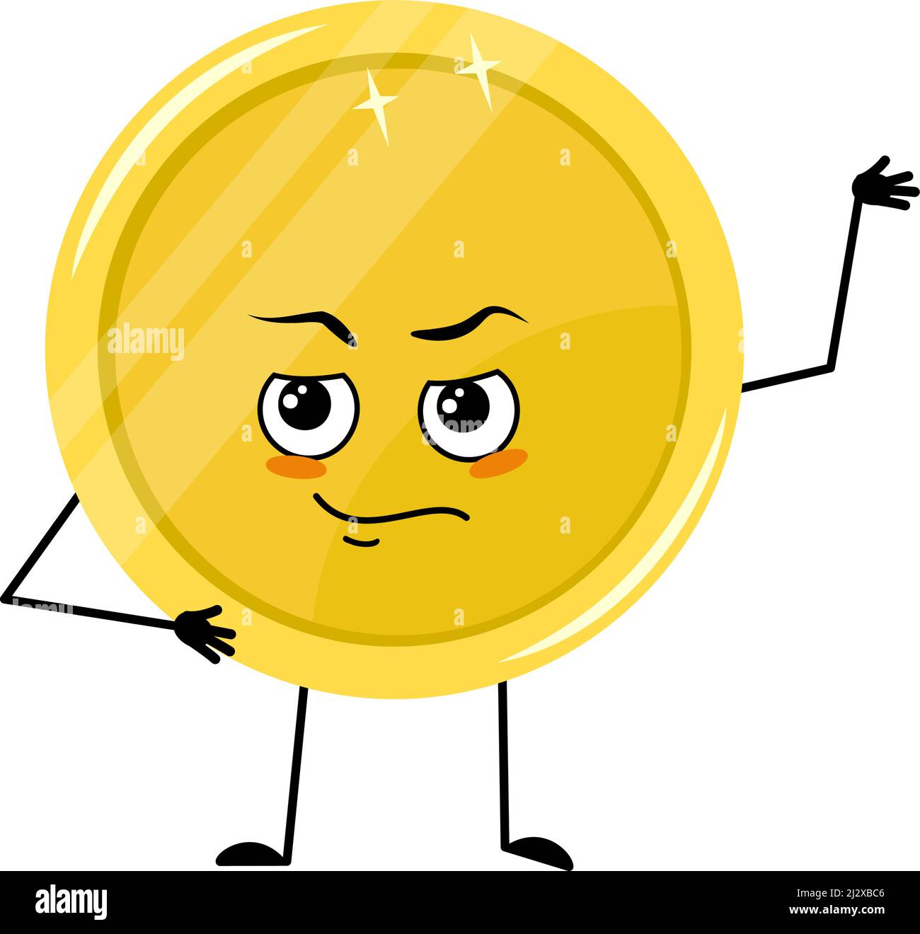 Cute golden coin character with emotions of hero, brave face, arms and ...