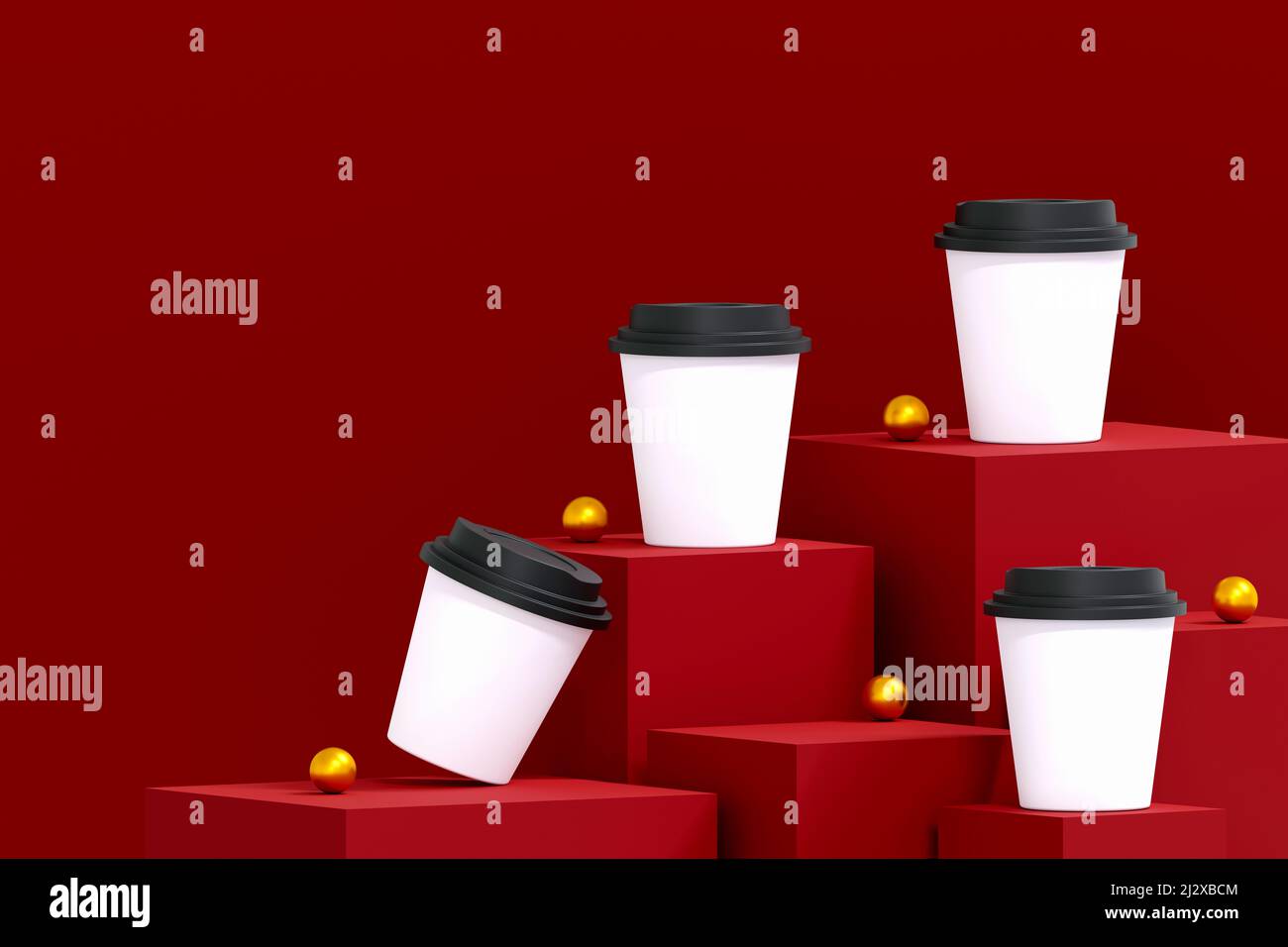 white paper cup of coffee on red stage podium background. mockup for ...