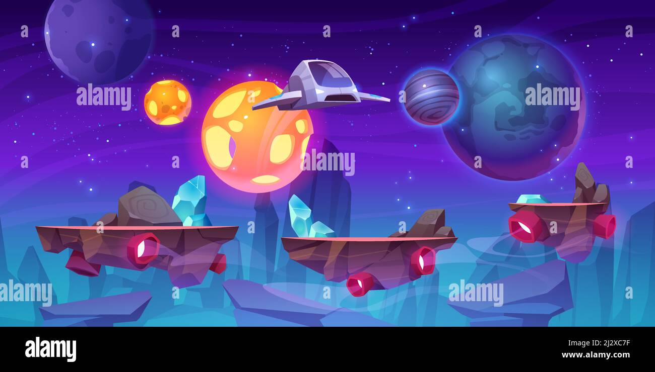 Space game level background with platforms. Vector cartoon illustration ...