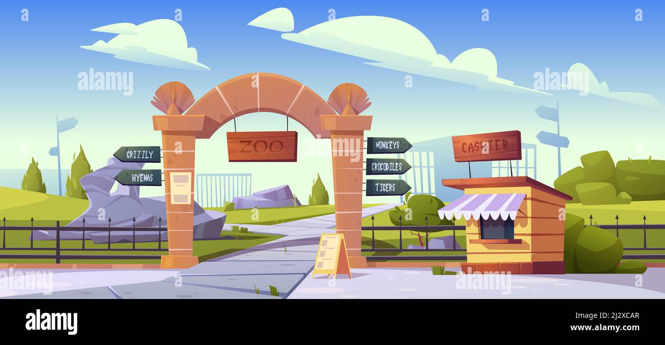 Zoo gates with pointers to wild animal cages monkeys, crocodiles ...
