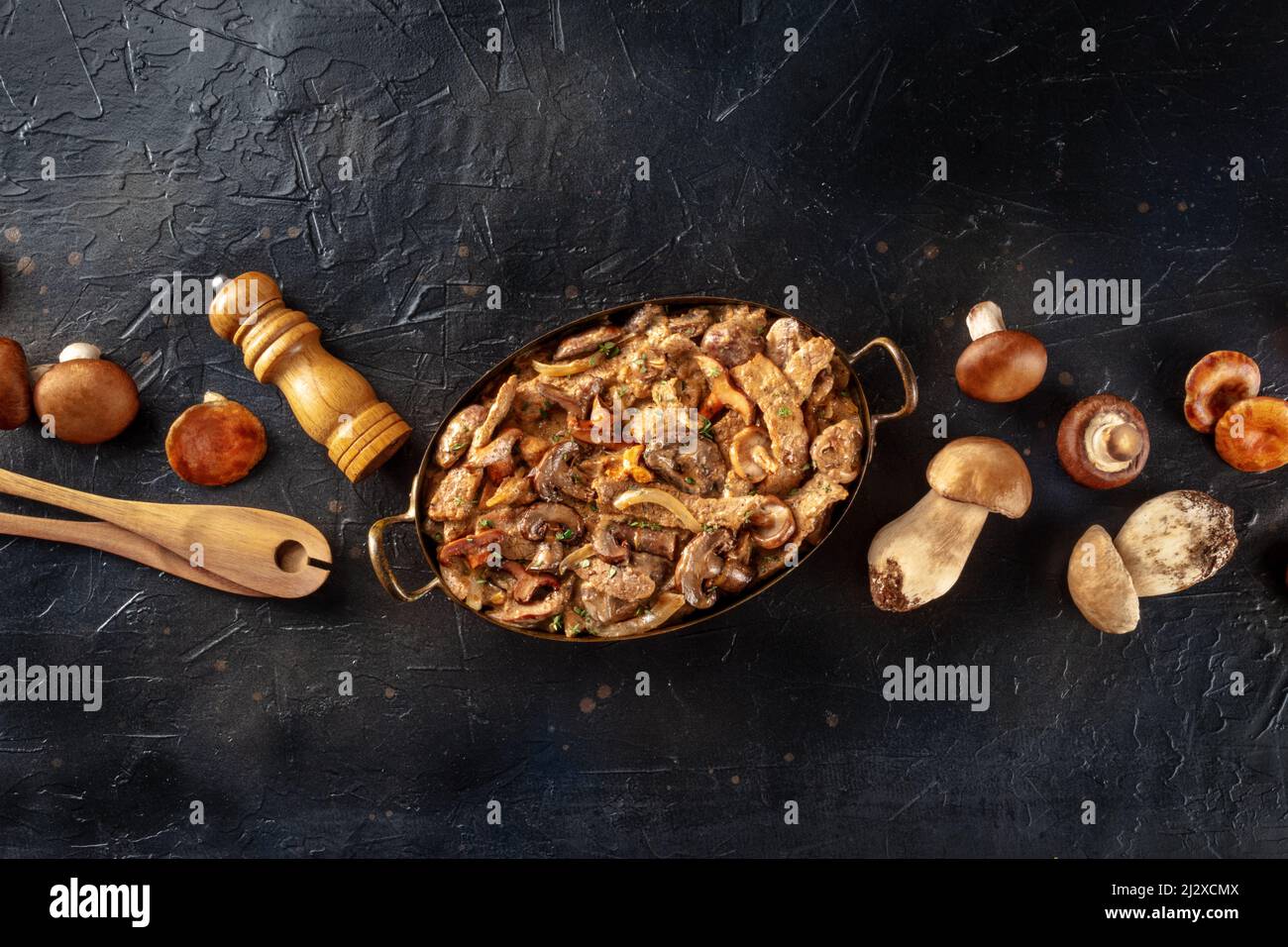 Beef stroganoff, mushroom and meat ragout with cream sauce, traditional ...