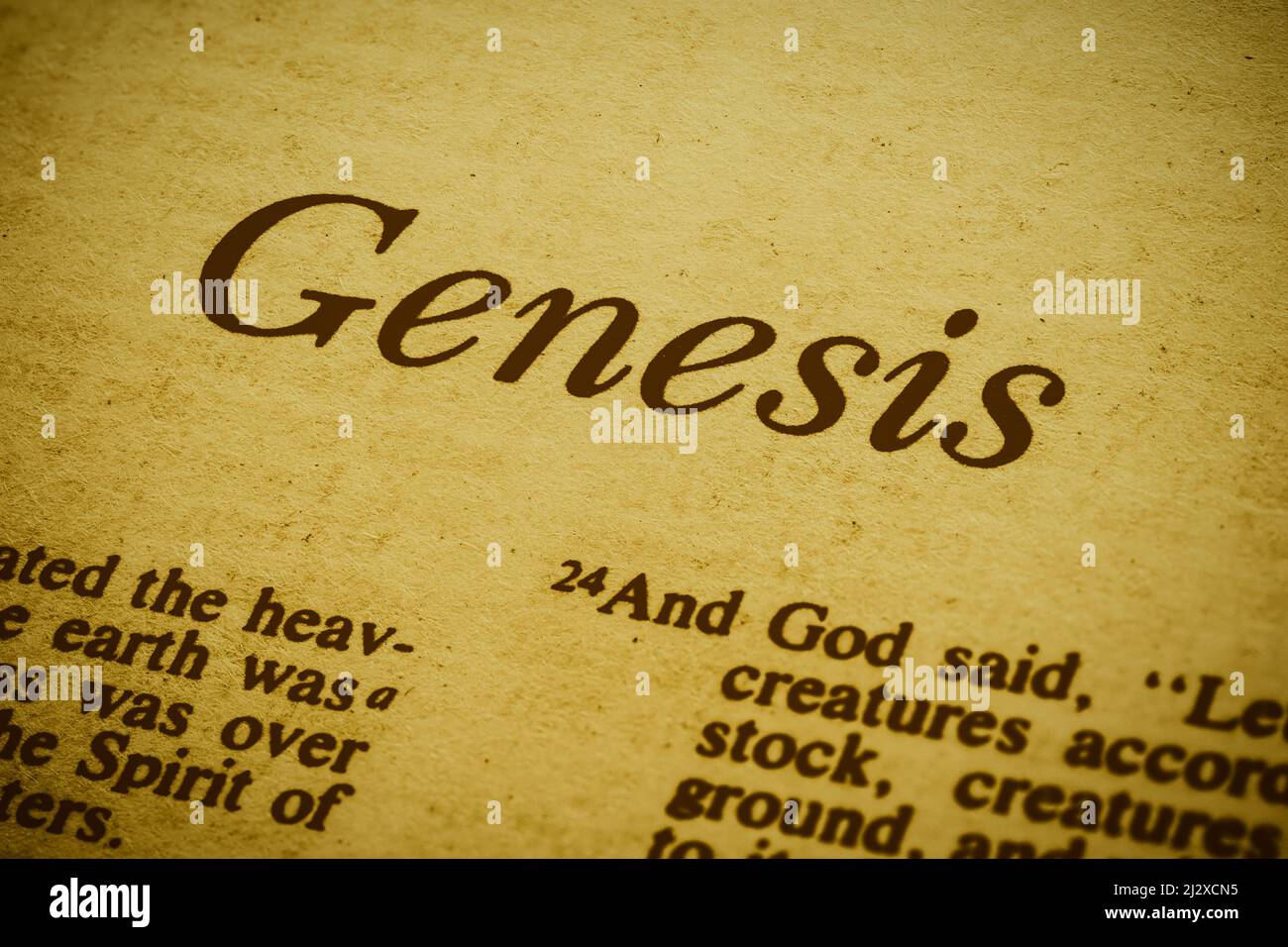 Holy Bible Genesis first page detail Stock Photo - Alamy