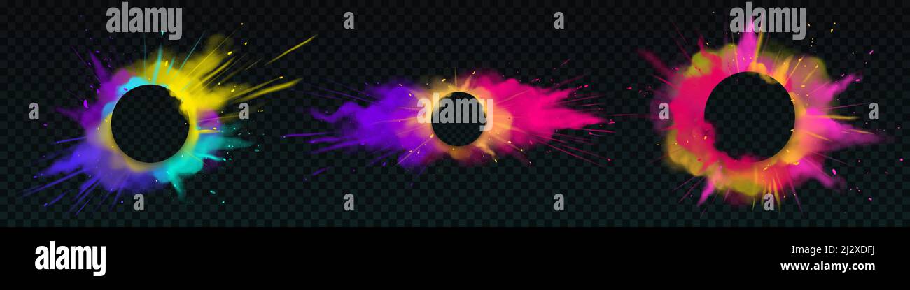 Color powder explosions with round banners. Clouds of paint dust with ...
