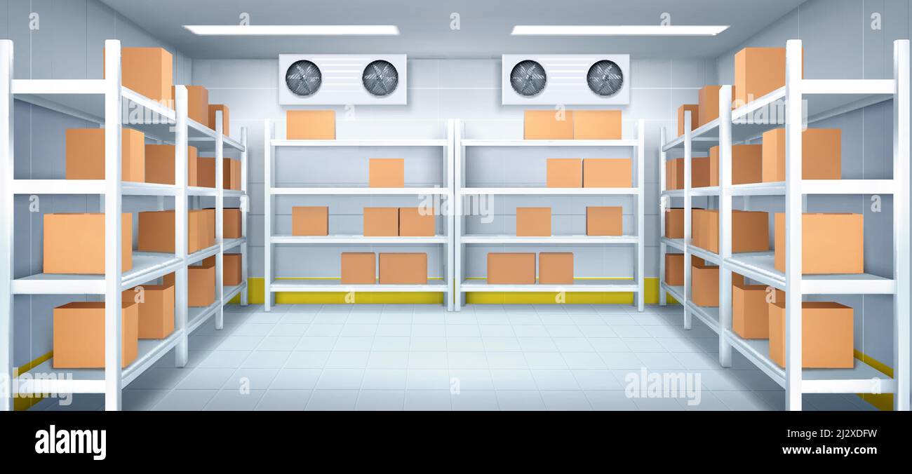 Warehouse interior with boxes on racks, ventilation and illumination ...
