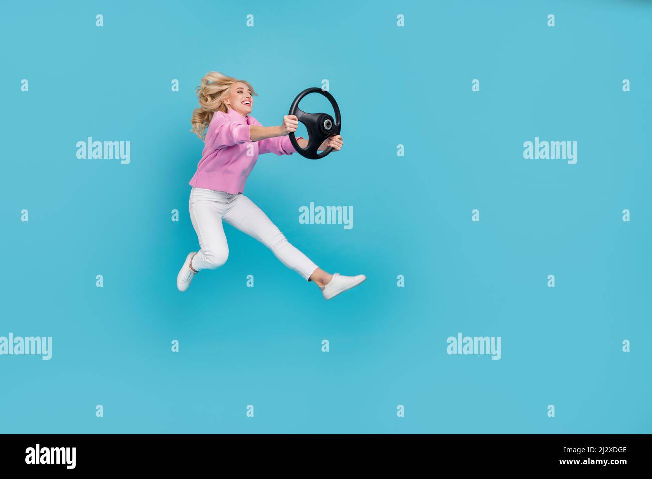 Full size photo of cute young blond lady jump wear jumper trousers ...