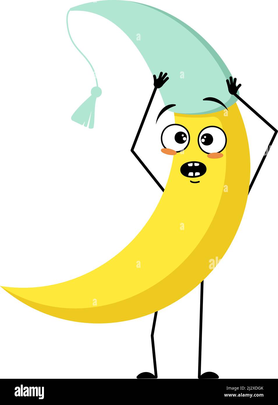 Cute moon character in nightcap and emotions in panic grabs his head ...