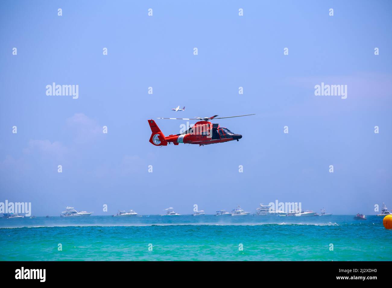 A helicopter flying over the sea during Miami Beach airshow, Florida ...