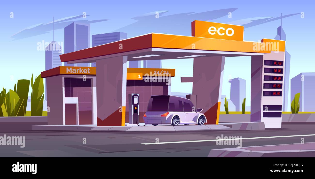 Charger station for electric car with market and prices display. Vector ...