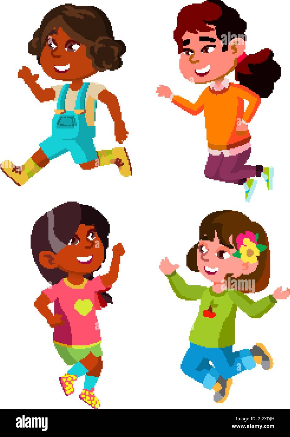 Jumping Kids Girls Celebrate Victory Set Vector Stock Vector Image ...