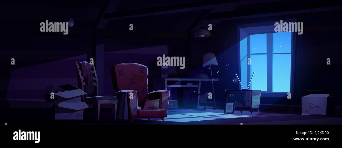 House attic at night, storage of old furniture under roof of ...