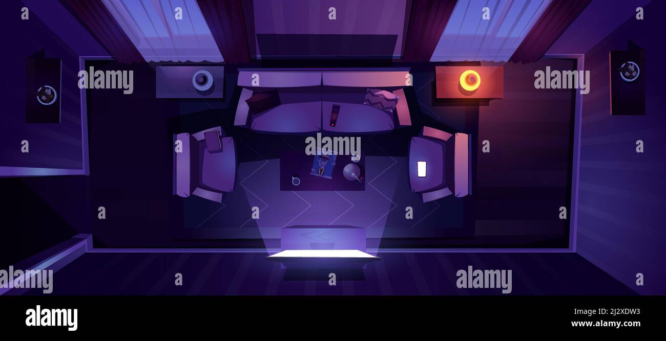 Living room interior at night top view. Vector cartoon illustration of ...